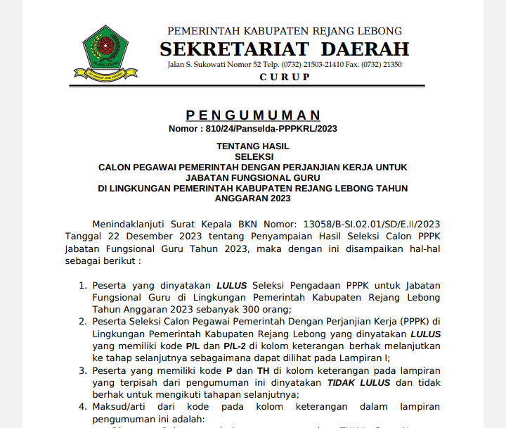 PENGUMUMAN HASIL SELEKSI CALON PEGAWAI PEMERINTAH DENGAN PERJANJIAN KERJA UNTUK JABATAN ...